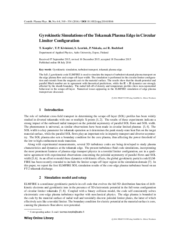 (PDF) Gyrokinetic Simulations of the Tokamak Plasma Edge in Circular ...