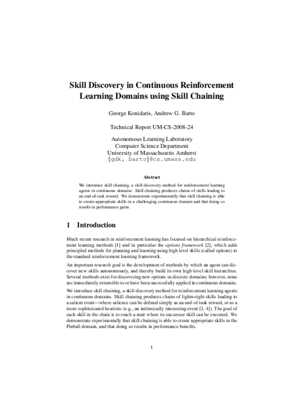 (PDF) Skill discovery in continuous reinforcement learning domains using skill chaining