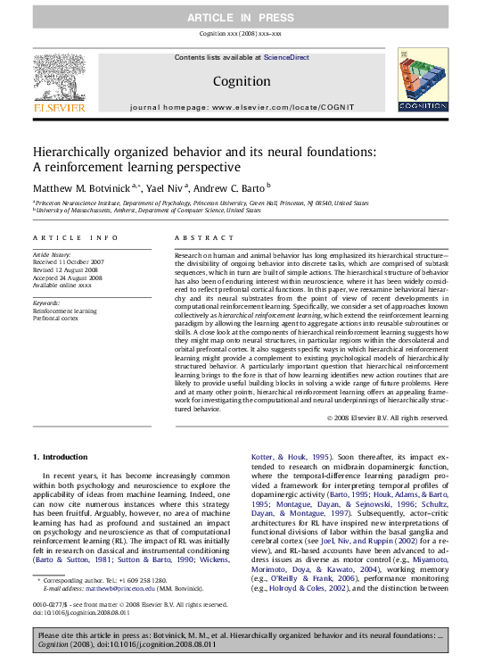 (PDF) Hierarchically organized behavior and its neural foundations: A reinforcement learning ...
