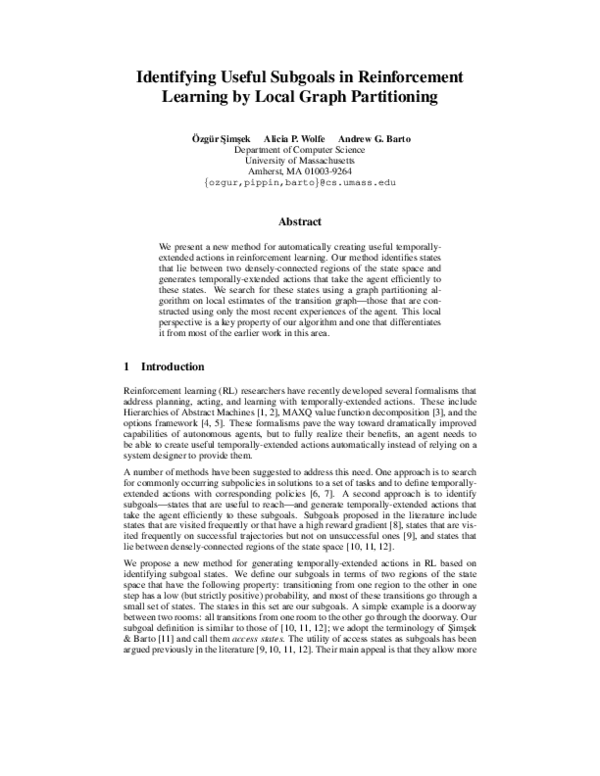 Pdf Identifying Useful Subgoals In Reinforcement Learning By Local Graph Partitioning