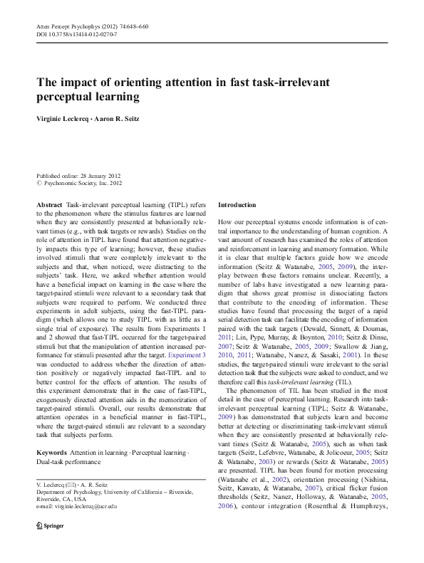 (PDF) The impact of orienting attention in fast task-irrelevant perceptual learning