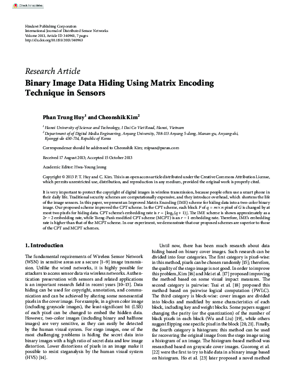 Pdf Binary Image Data Hiding Using Matrix Encoding Technique In Sensors
