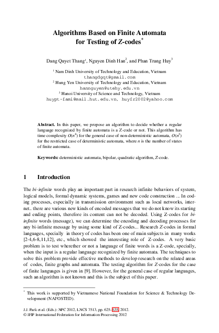 (PDF) Algorithms Based on Finite Automata for Testing of Z-codes