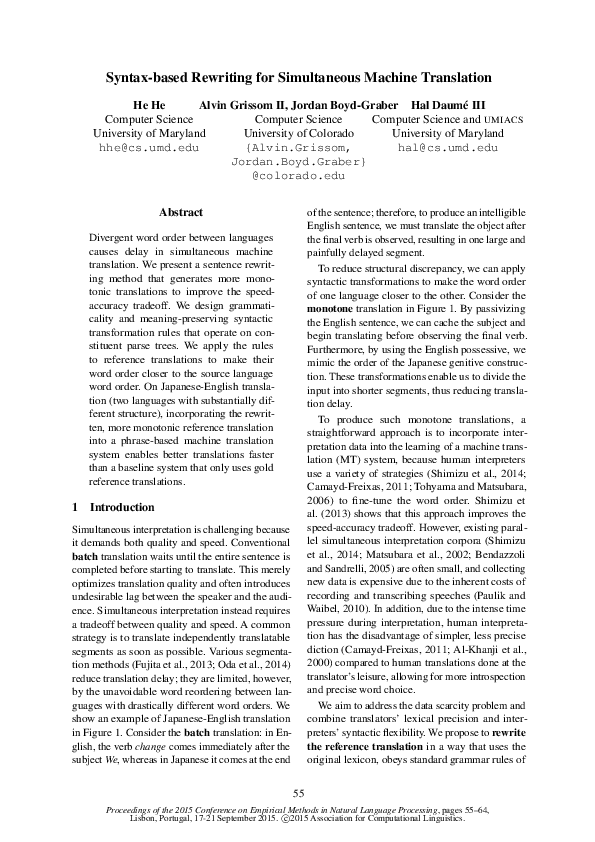 (PDF) Syntax-based Rewriting for Simultaneous Machine Translation