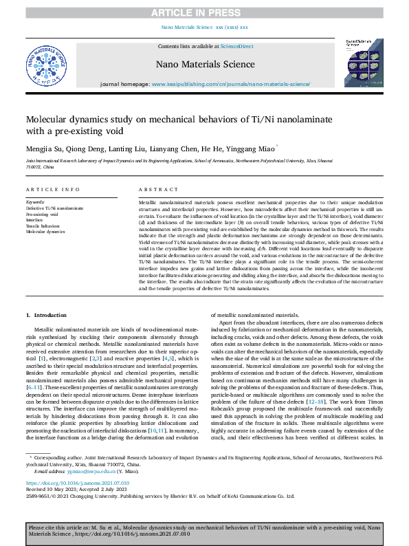 (PDF) Molecular dynamics study on mechanical behaviors of Ti/Ni ...