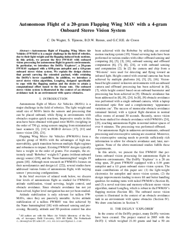 (PDF) Autonomous flight of a 20-gram Flapping Wing MAV with a 4-gram ...