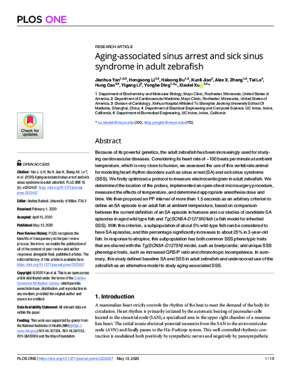 (PDF) Aging-associated sinus arrest and sick sinus syndrome in adult zebrafish