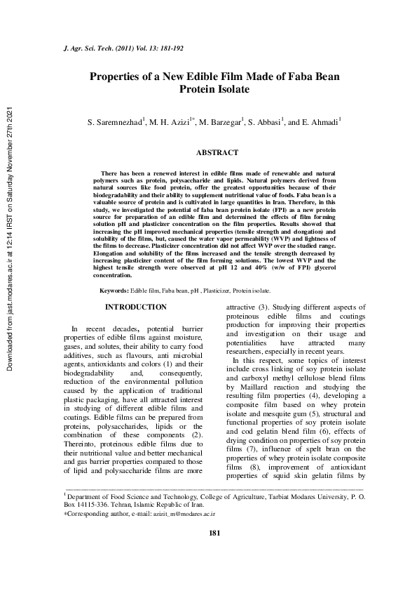(PDF) Properties of a New Edible Film Made of Faba Bean Protein Isolate