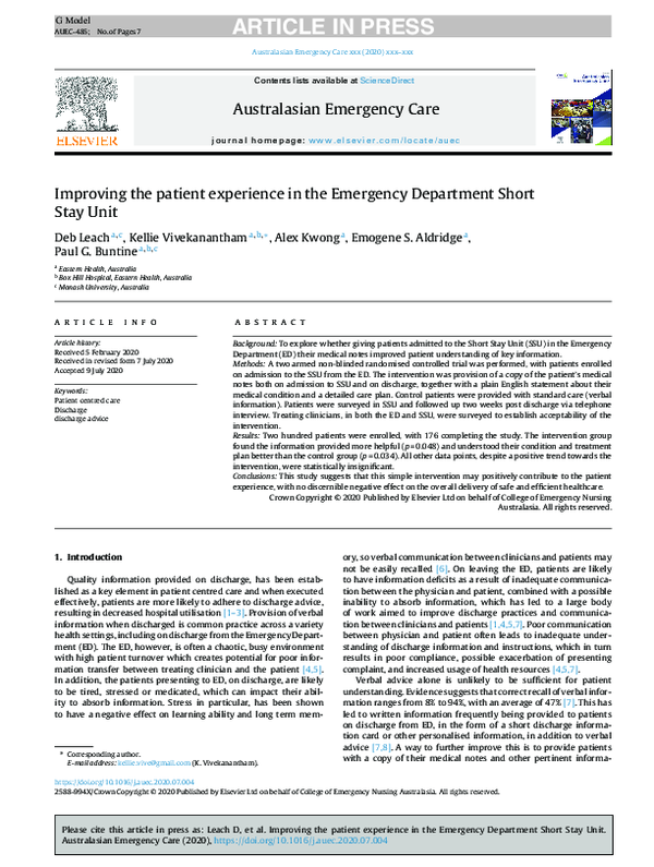 (PDF) Improving the patient experience in the Emergency Department ...