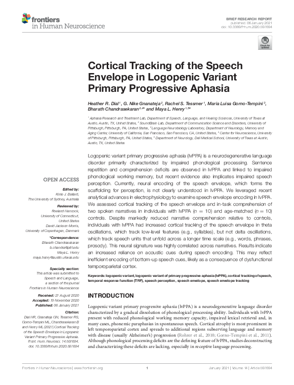 (PDF) Cortical Tracking of the Speech Envelope in Logopenic Variant ...