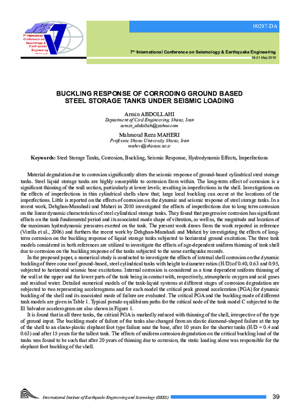 Pdf Buckling Response Of Corroding Ground Based Steel Storage Tanks Under Seismic Loading