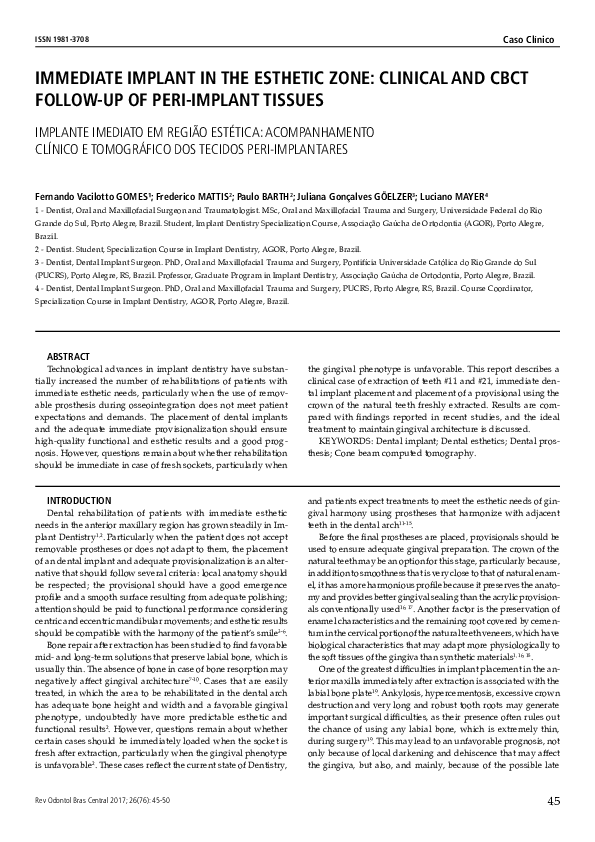 (PDF) Immediate implant in the esthetic zone: clinical and CBCT follow-up of peri-implant tissues