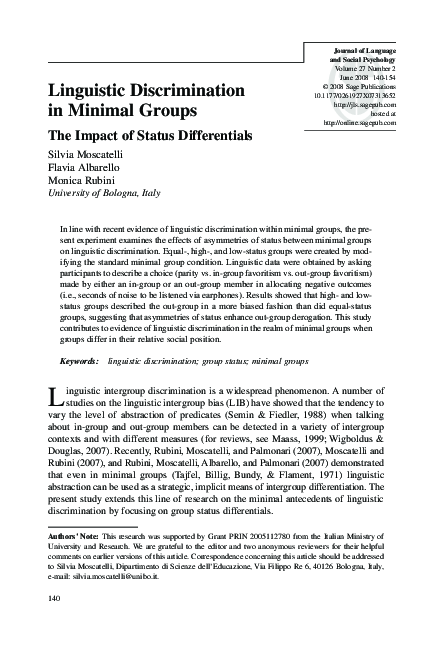(PDF) Linguistic Discrimination in Minimal Groups: The Impact of Status ...