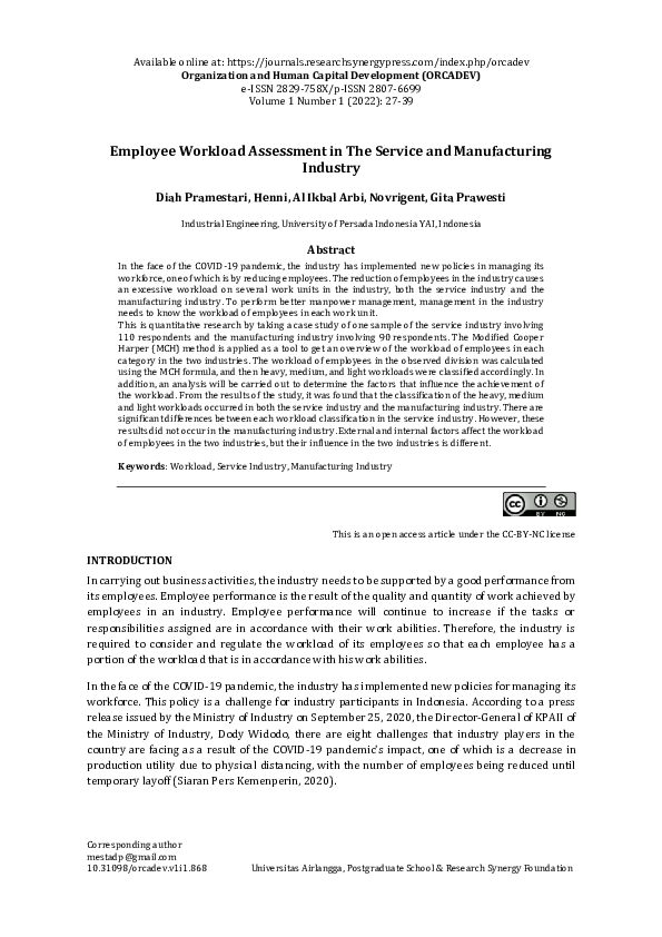 (PDF) Employee Workload Assessment in The Service and Manufacturing ...
