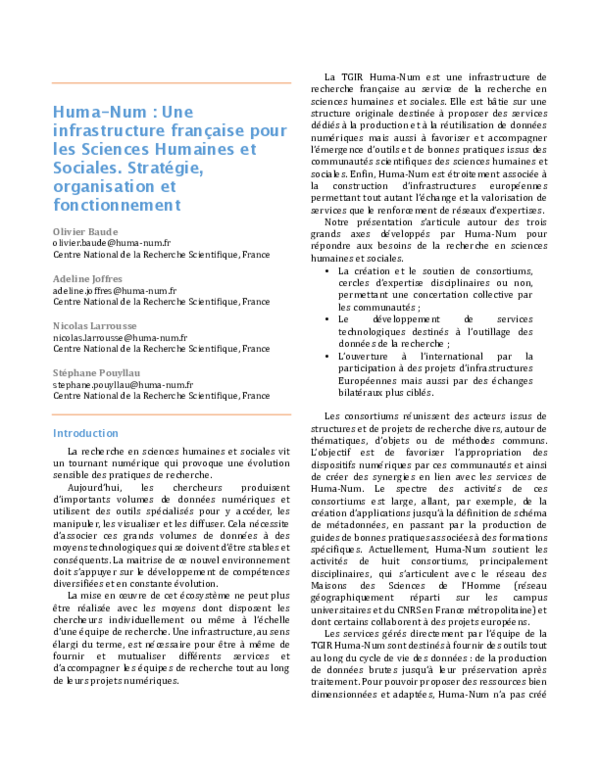 (PDF) Huma-Num : Une infrastructure française pour les Sciences ...