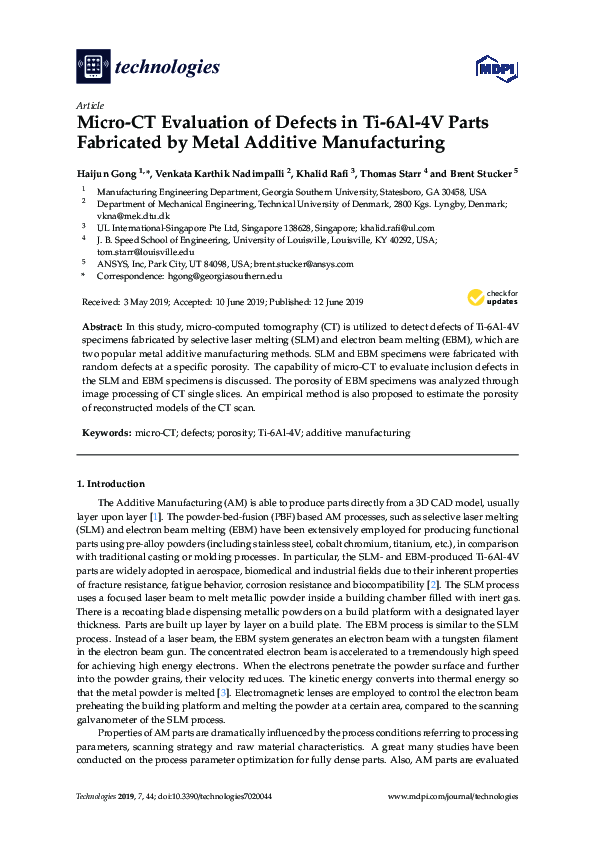Pdf Micro Ct Evaluation Of Defects In Ti 6al 4v Parts Fabricated By Metal Additive Manufacturing