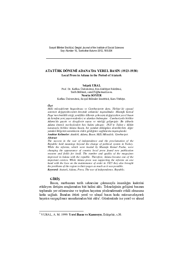 (PDF) Atatürk Dönemi̇ Adana’Da Yerel Basin (1923-1938