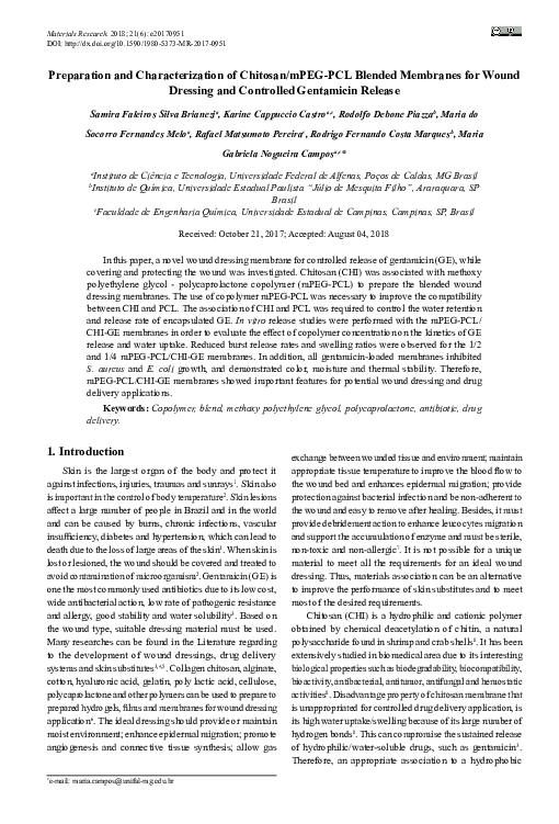 (PDF) Preparation and Characterization of Chitosan/mPEG-PCL Blended Membranes for Wound Dressing ...