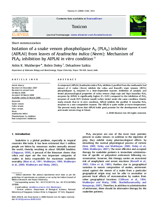 (PDF) Isolation of a snake venom phospholipase A2 (PLA2) inhibitor ...