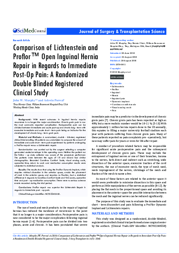 (PDF) Comparison of Lichtenstein and Proflor TM Open Inguinal Hernia Repair in Regards to ...