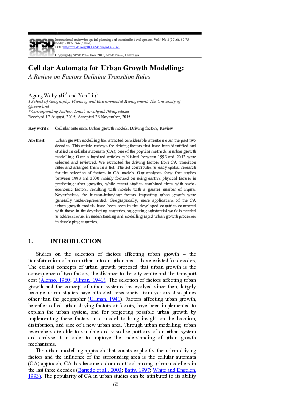 (PDF) Urban Growth Modeling using Cellular Automata: A Review