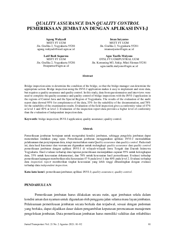 (PDF) Quality Assurance Dan Quality Control Pemeriksaan Jembatan Dengan Aplikasi Invi-J