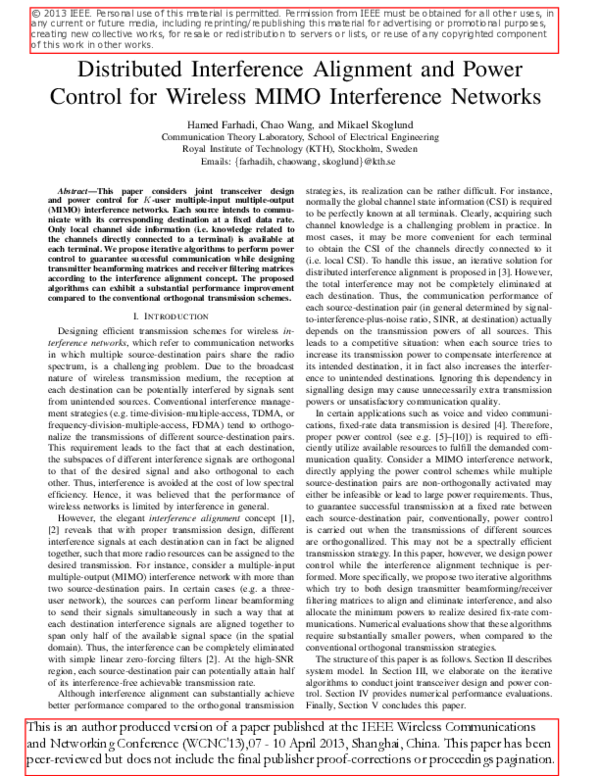 (PDF) Distributed interference alignment and power control for wireless MIMO interference ...