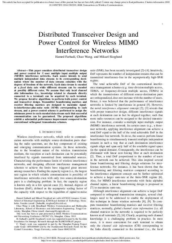 (PDF) Distributed Transceiver Design and Power Control for Wireless MIMO Interference Networks