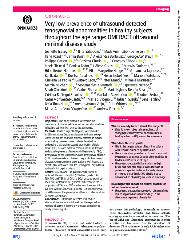 (PDF) Very low prevalence of ultrasound-detected tenosynovial ...