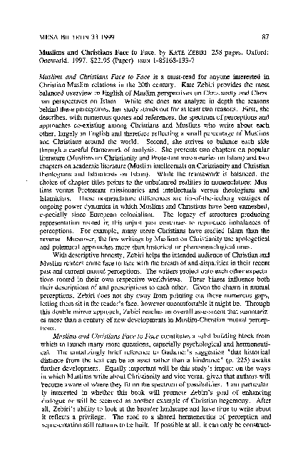 (PDF) Muslims and Christians Face to Face, by Kate Zebiri. 258 pages ...