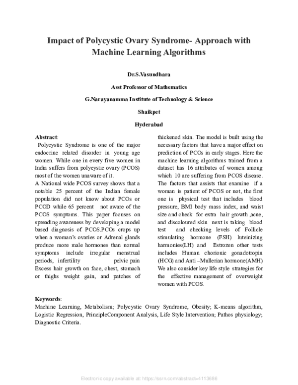 Pdf Impact Of Polycystic Ovary Syndrome Approach With Machine Learning Algorithms