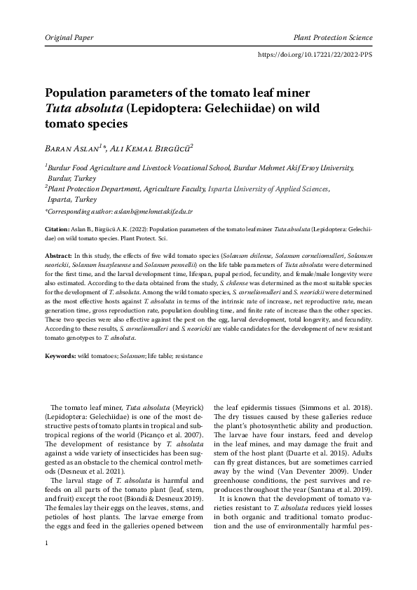 (PDF) Population parameters of the tomato leaf miner Tuta absoluta (Lepidoptera: Gelechiidae) on ...