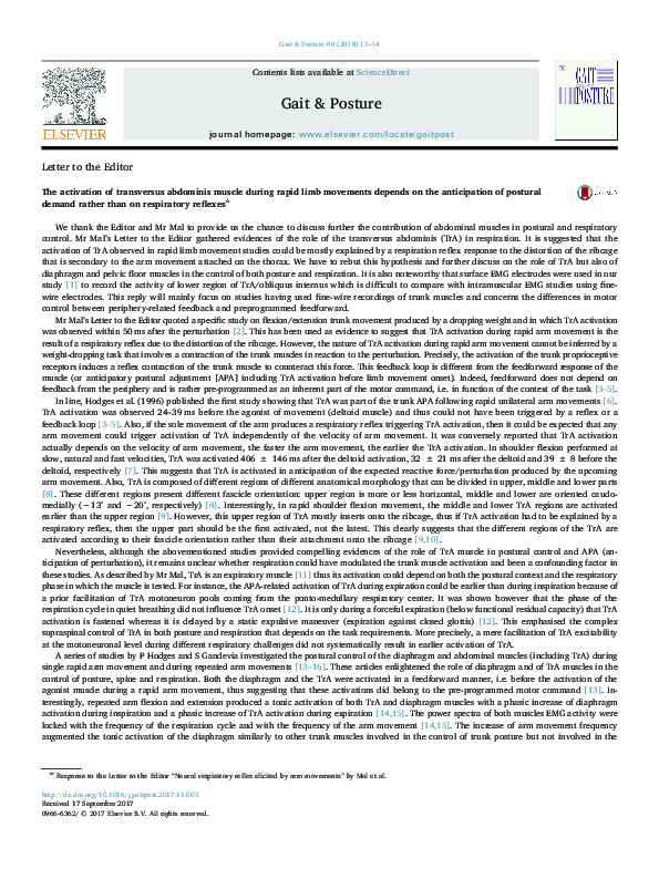 (PDF) The activation of transversus abdominis muscle during rapid limb ...