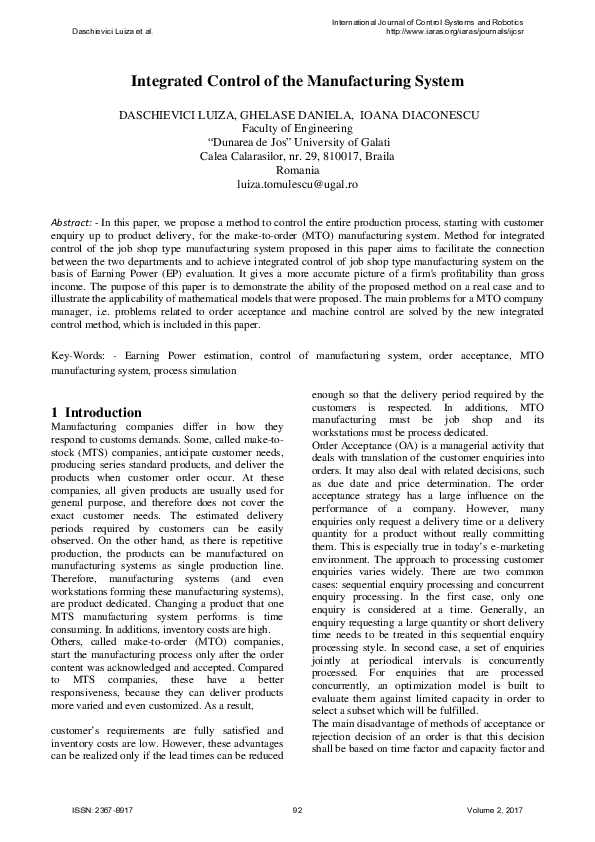 (PDF) Integrated Control of the Manufacturing System (PDF) Integrated Control of the Manufacturing System