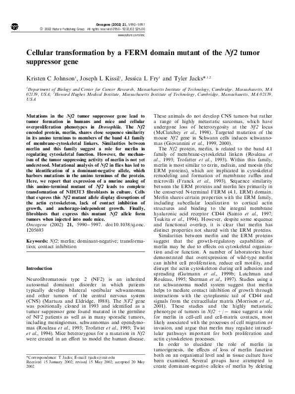 (PDF) Cellular transformation by a FERM domain mutant of the Nf2 tumor suppressor gene | Jessica ...