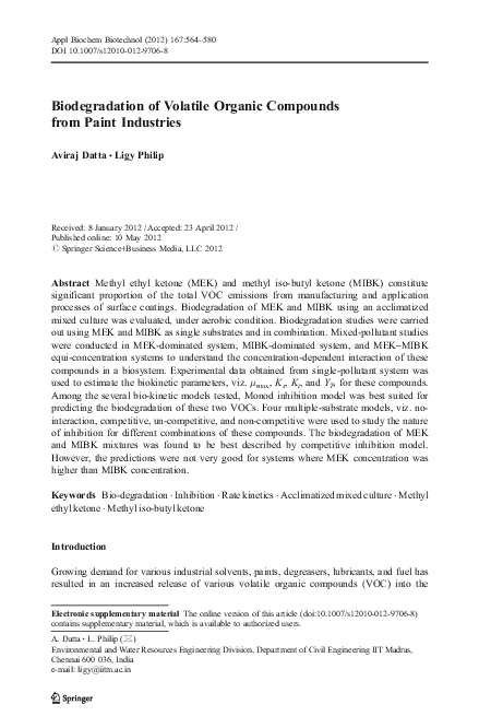 (PDF) Biodegradation of Volatile Organic Compounds from Paint Industries