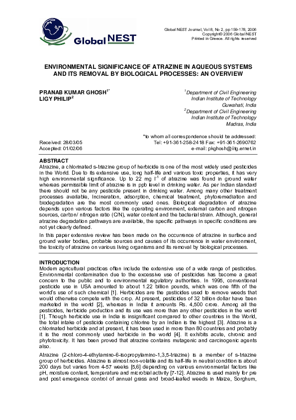 (PDF) Environmental significance of atrazine in aqueous systems and its removal by biological ...