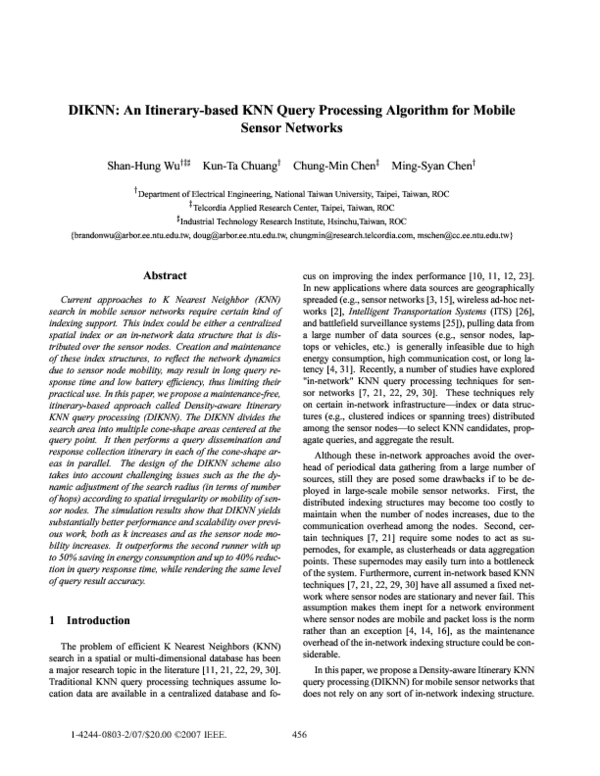 (PDF) DIKNN: An Itinerary-based KNN Query Processing Algorithm for Mobile Sensor Networks