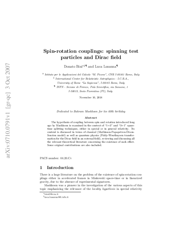 (PDF) Spin–rotation couplings: spinning test particles and Dirac field