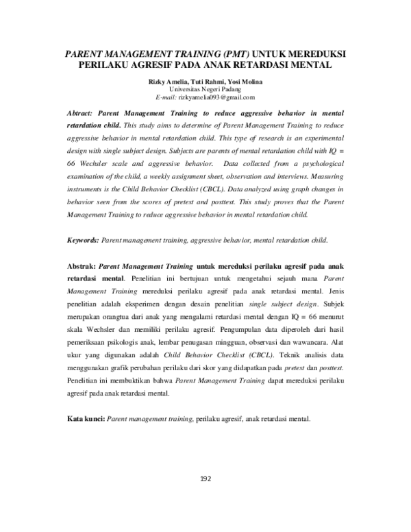 (PDF) Parent Management Training (PMT) Untuk Mereduksi Perilaku Agresif Pada Anak Retardasi Mental