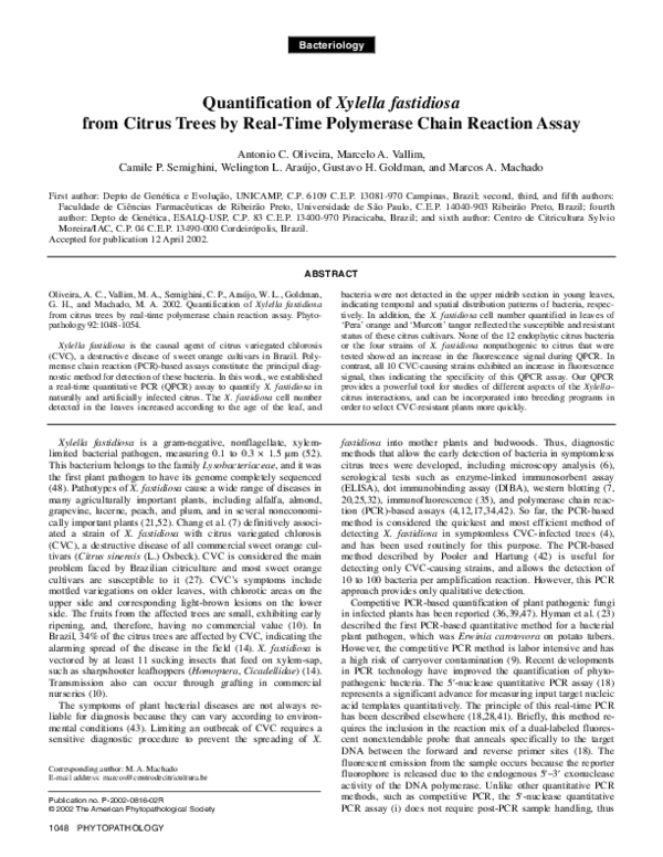 (PDF) Quantification of Xylella fastidiosa from Citrus Trees by Real-Time Polymerase Chain ...