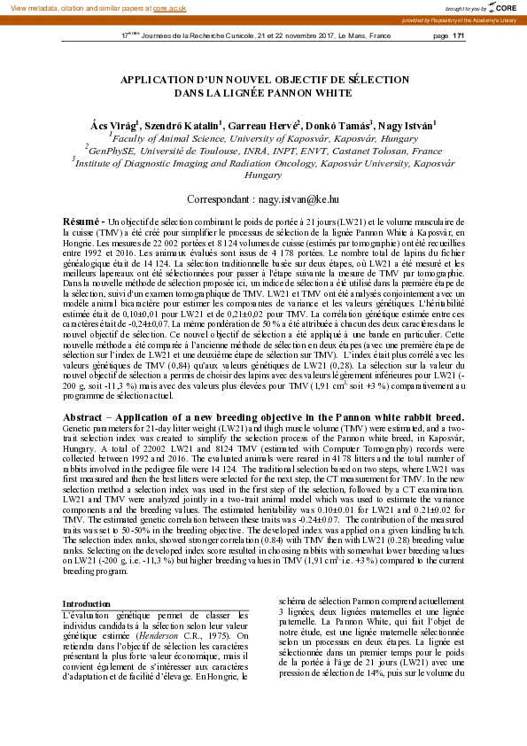 (PDF) Application d’un nouvel objectif de sélection dans la lignée ...