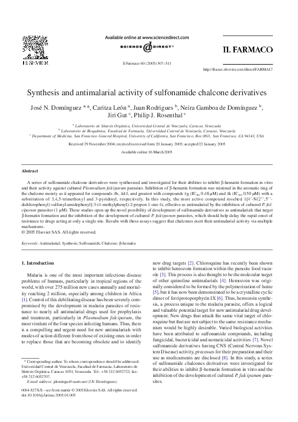 (PDF) Synthesis and antimalarial activity of sulfonamide chalcone derivatives | Caritza Leon ...