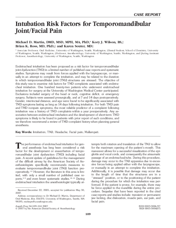 (PDF) Intubation Risk Factors for Temporomandibular Joint/Facial Pain