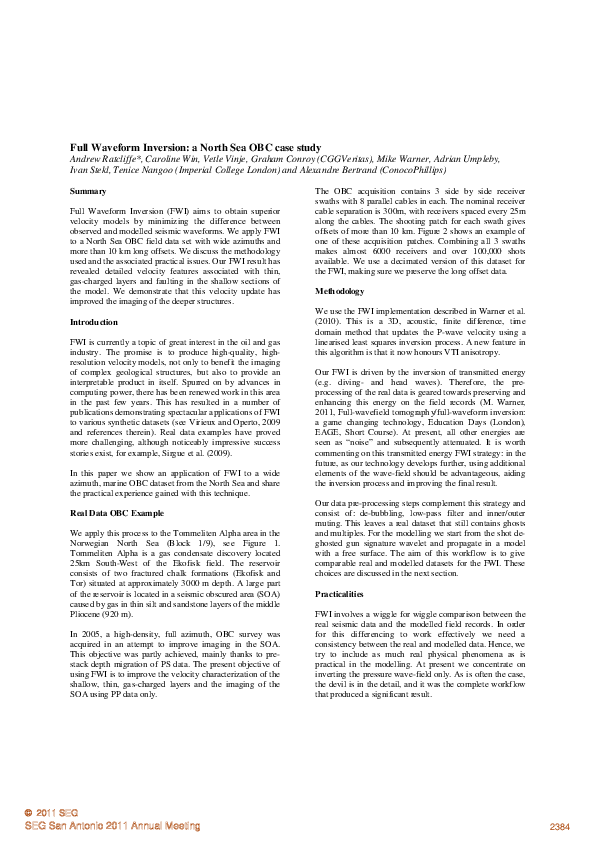 (PDF) Full waveform inversion: A North Sea OBC case study