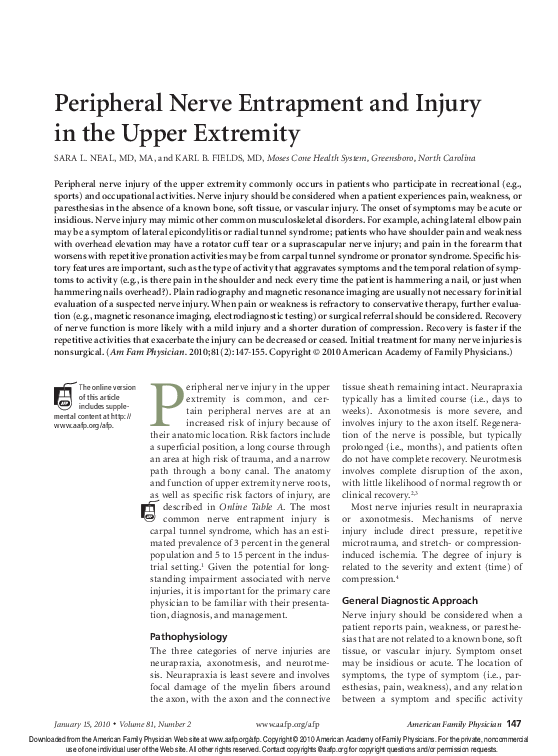(PDF) Peripheral nerve entrapment and injury in the upper extremity
