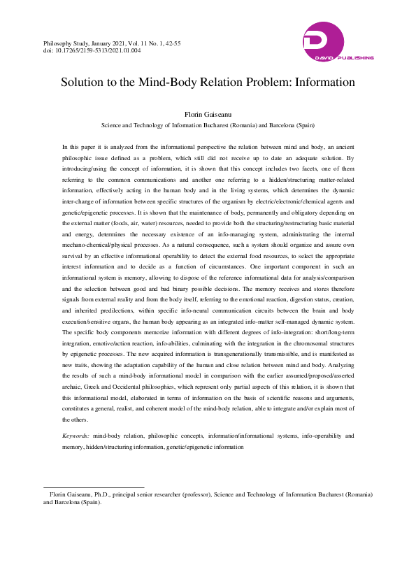 (PDF) Solution to the Mind-Body Relation Problem: Information