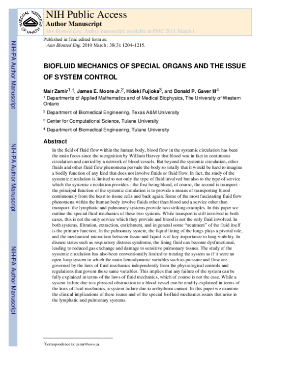 (PDF) Biofluid Mechanics of Special Organs and the Issue of System Control