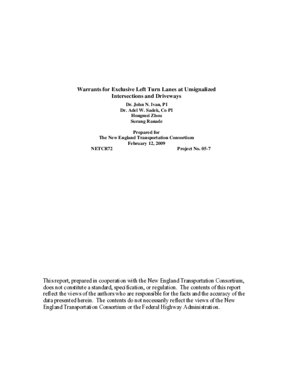 Pdf Warrants For Exclusive Left Turn Lanes At Unsignalized Intersections And Driveways Adel