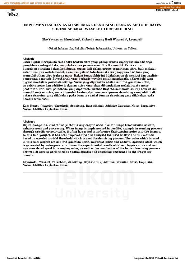 Pdf Implementasi Dan Analisis Image Denoising Dengan Metode Bayes Shrink Sebagai Wavelet